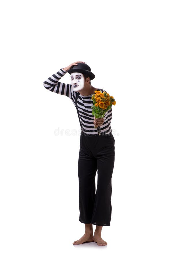 The Mime with Bunch of Flowers Isolated on White Stock Image - Image of ...