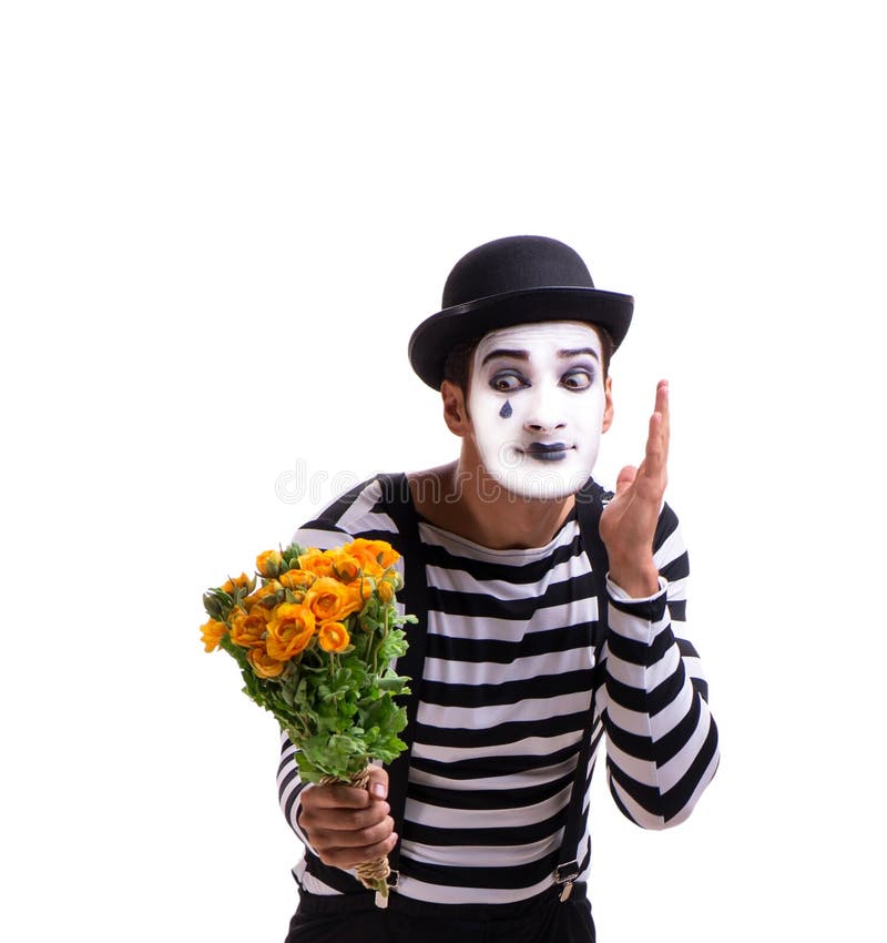 Mime with Bunch of Flowers Isolated on White Stock Image - Image of ...