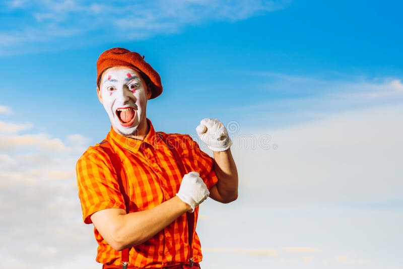 Mime Shows Pantomime Against the Blue Sky Stock Photo - Image of artist ...