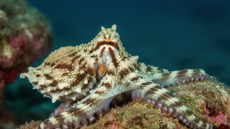 A Mimic Octopus with Brown and White Patterns on a Coral Reef. Stock ...