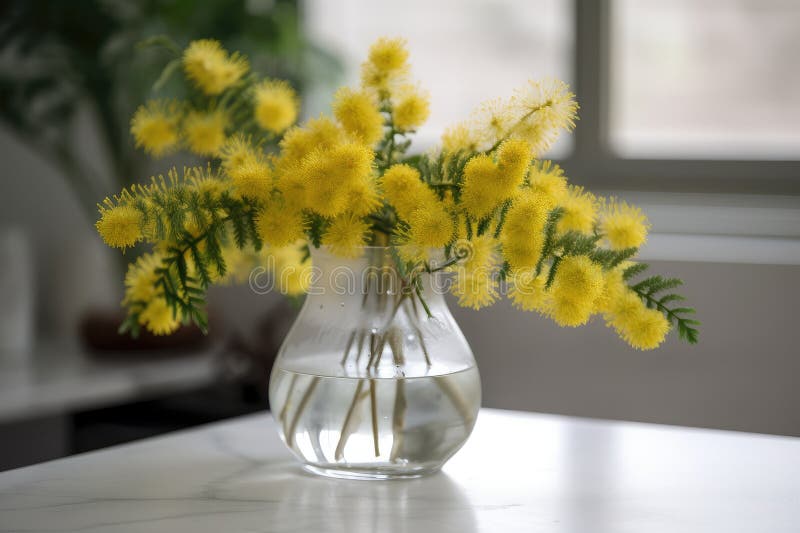 Mimosa Blooms in Delicate Glass Vase Stock Image - Image of blooms ...