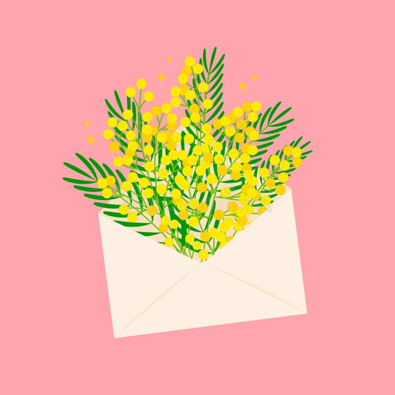 Mimosa Branch in the Postal Envelope. Spring Flowers in Flat Style ...