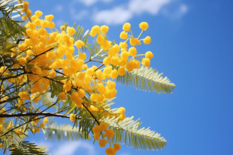 Mimosa Branches Against the Blue Sky Stock Illustration - Illustration ...