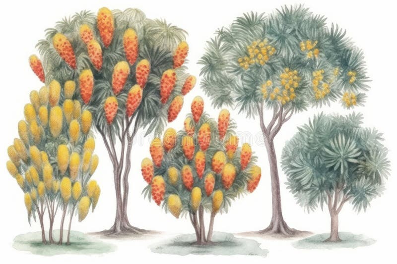 Mimosa Tree Forest: a Collection of Hand-Drawn Watercolor Trees . Stock ...