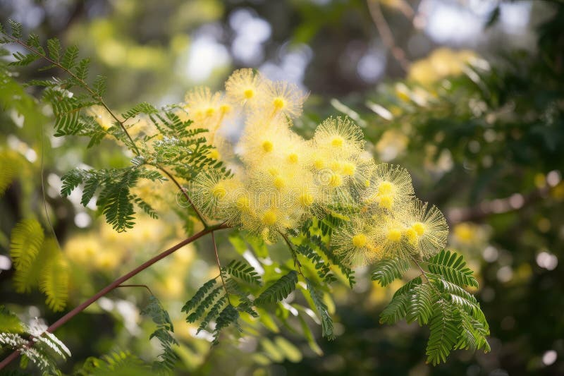 Mimosa Tree in Full Bloom, with Delicate Flowers and Foliage Visible ...