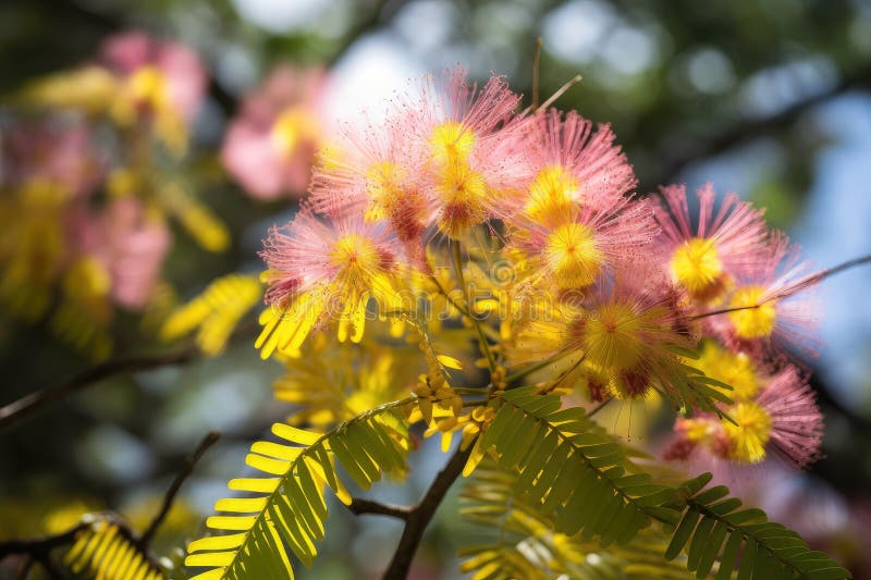 Mimosa Tree in Full Bloom, with Yellow and Pink Blossoms Stock ...