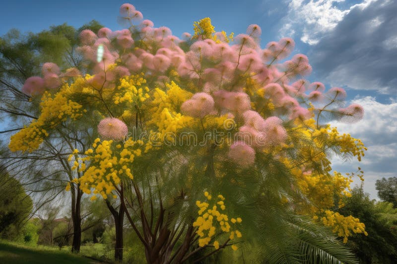 Mimosa Tree in Full Bloom, with Yellow and Pink Blossoms Stock ...