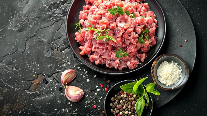 Mince Beef Preparation with Fresh Herbs and Spices in a Modern Kitchen ...