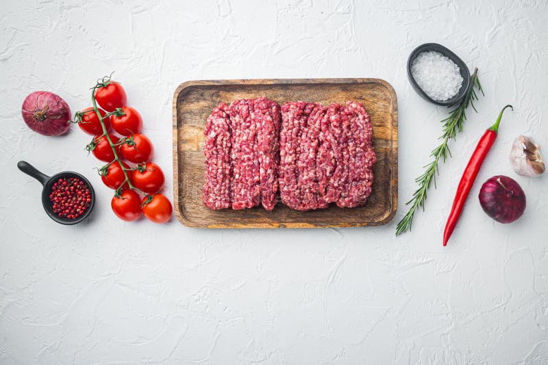 Mince. Ground Meat with Ingredients for Cooking, on White Background ...