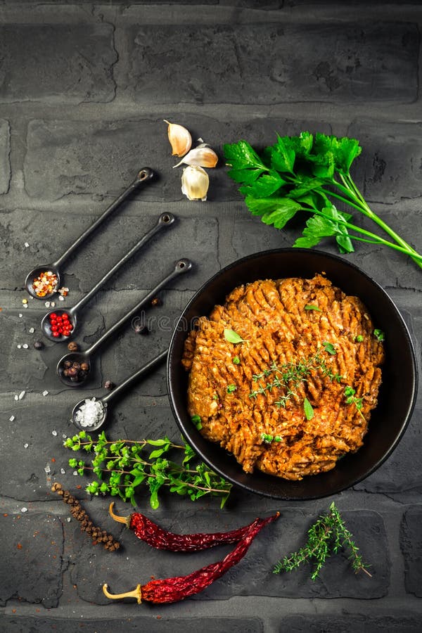 Mince. Marinated Ground Meat with Ingredients for Cooking on Black ...