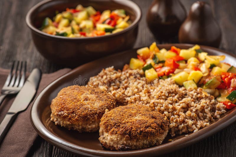 Minced Beef Cutlets Served Buckwheat Porridge and Stewed Vegetables ...
