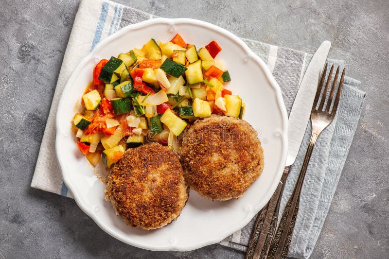 Minced Beef Cutlets Served with and Stewed Vegetables. Stock Photo ...