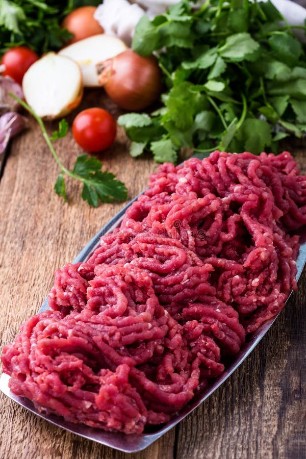 Minced Beef, Raw Ground Meat with Cooking Ingredients Stock Photo ...