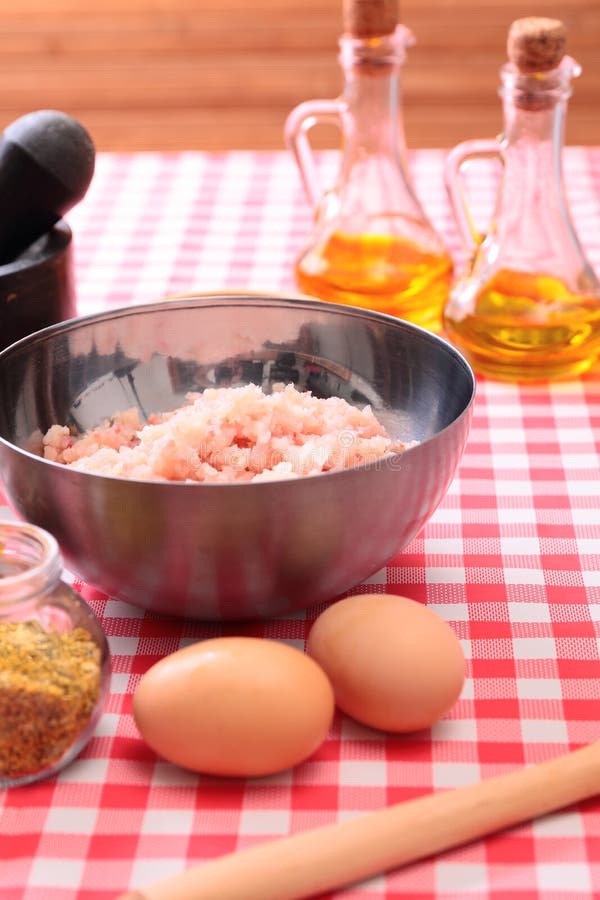 Minced Fish in the Bowl and Spices Stock Photo - Image of background ...