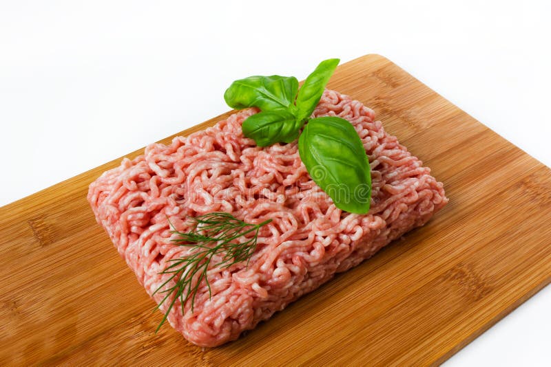 Minced Meat with Basil on a Wooded Cutting Board Stock Image - Image of ...