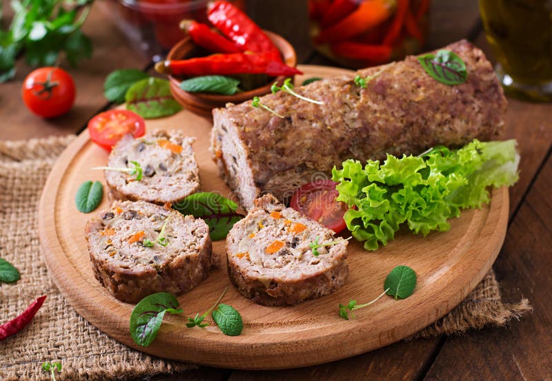 Minced Meat Loaf Roll with Mushrooms Stock Photo - Image of mushrooms ...