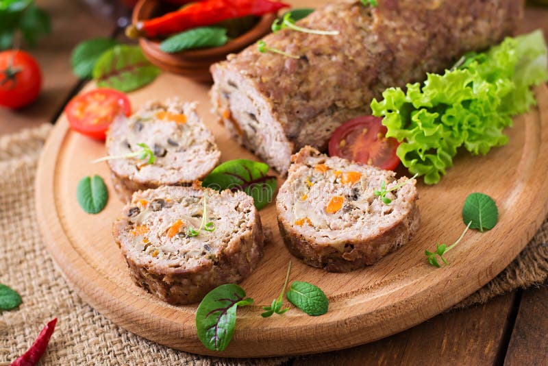 Minced Meat Loaf Roll with Mushrooms Stock Image - Image of meal, slice ...