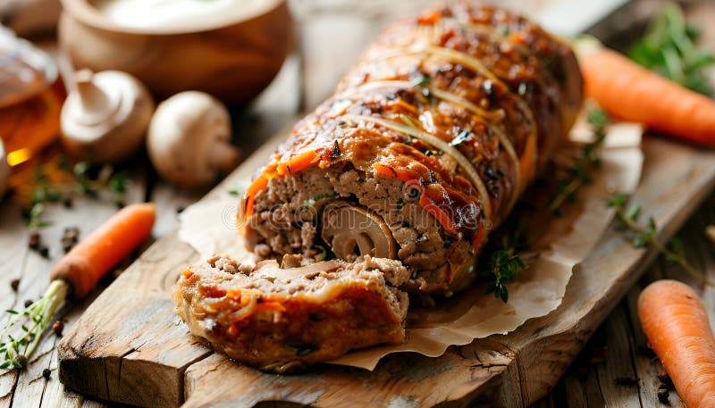 Minced Meat Loaf Roll with Mushrooms and Carrots Stock Photo - Image of ...
