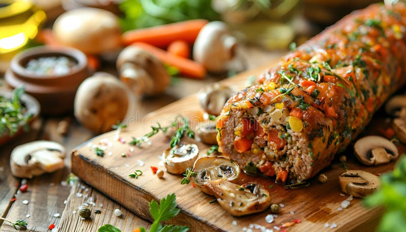 Minced Meat Loaf Roll with Mushrooms and Carrots Stock Photo - Image of ...