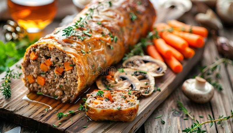 Minced Meat Loaf Roll with Mushrooms and Carrots Stock Photo - Image of ...