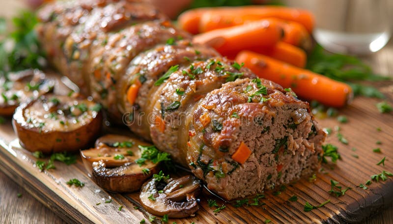 Minced Meat Loaf Roll with Mushrooms and Carrots Stock Photo - Image of ...