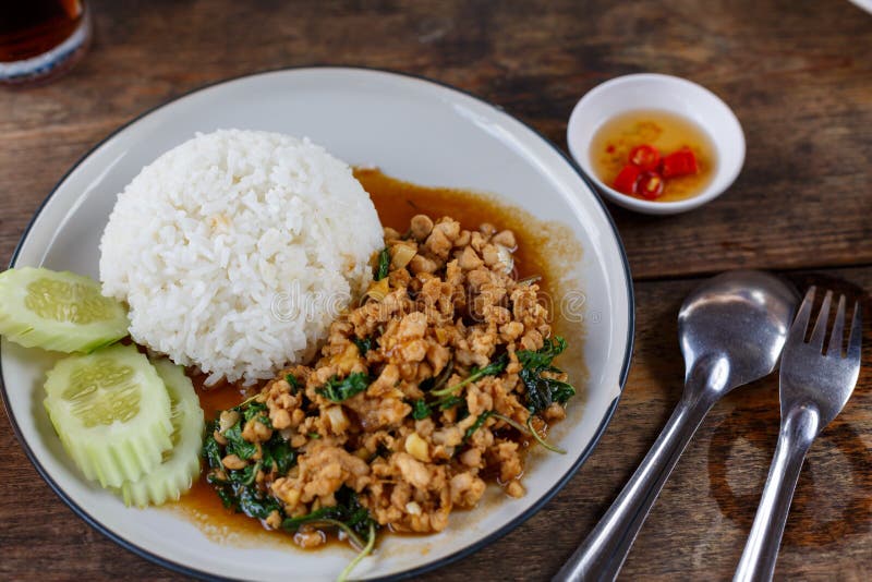 Minced Pork Basil with Rice in Thai Style Stock Image - Image of ...