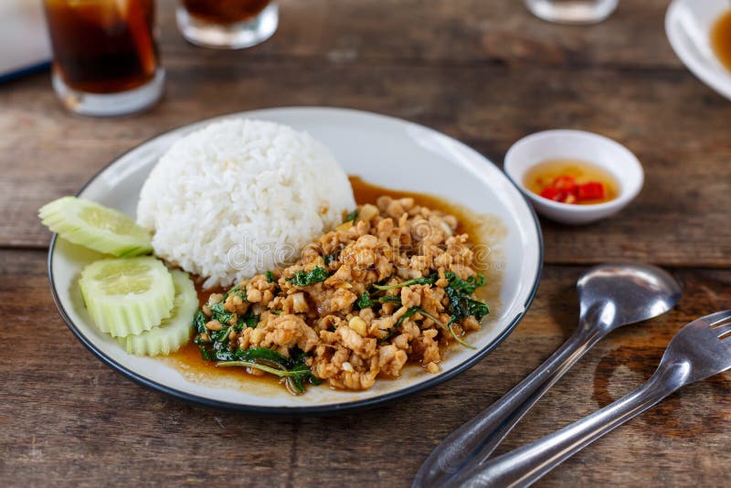Minced Pork Basil with Rice in Thai Style Stock Image - Image of ...