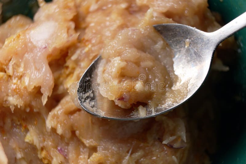 Minced Pork with Spices, Minced Meat in Spoon - Top View Stock Photo ...