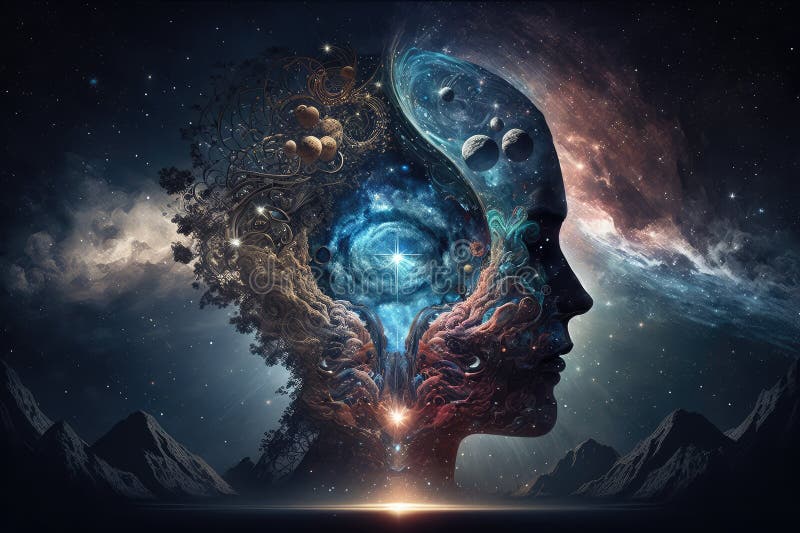 Mind of God, with View of the Universe and Its Many Galaxies and Stars ...