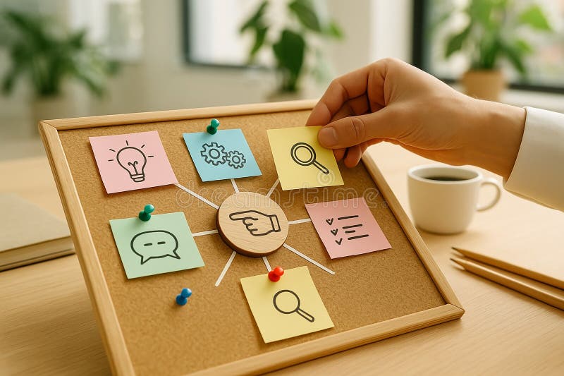 Mind Map Board with Colorful Sticky Notes and Icons Representing Ideas ...