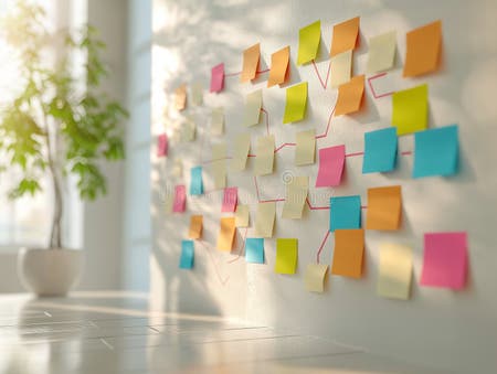Mind Map Created with Colorful Sticky Notes on a Wall in a Bright ...