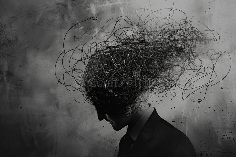 Mind Overload, Portrait of a Man with Head Exploding into Tangled Lines ...