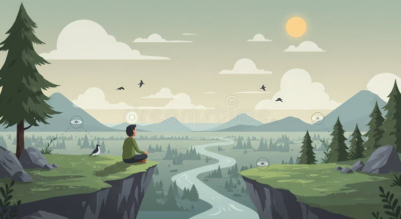 Mindful Meditation on Cliffside: Panoramic Landscape with Forests ...