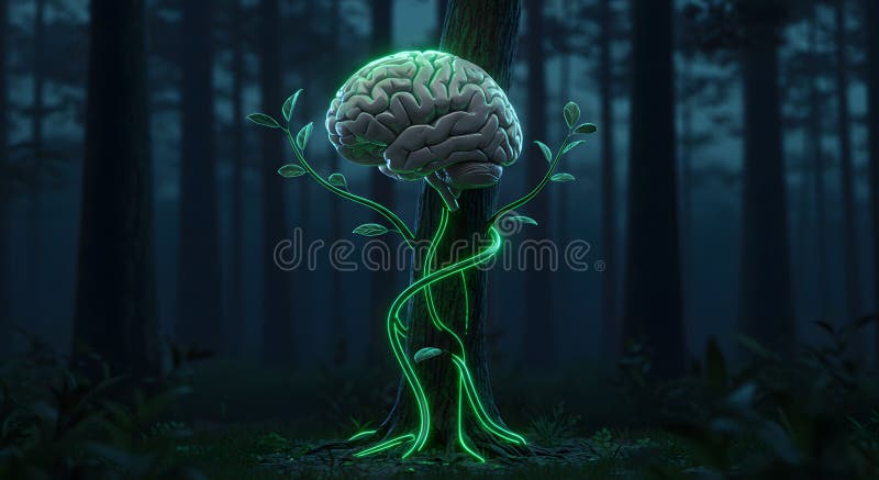Mindful Nature: a Brain Growing from a Tree in a Dark Forest ...