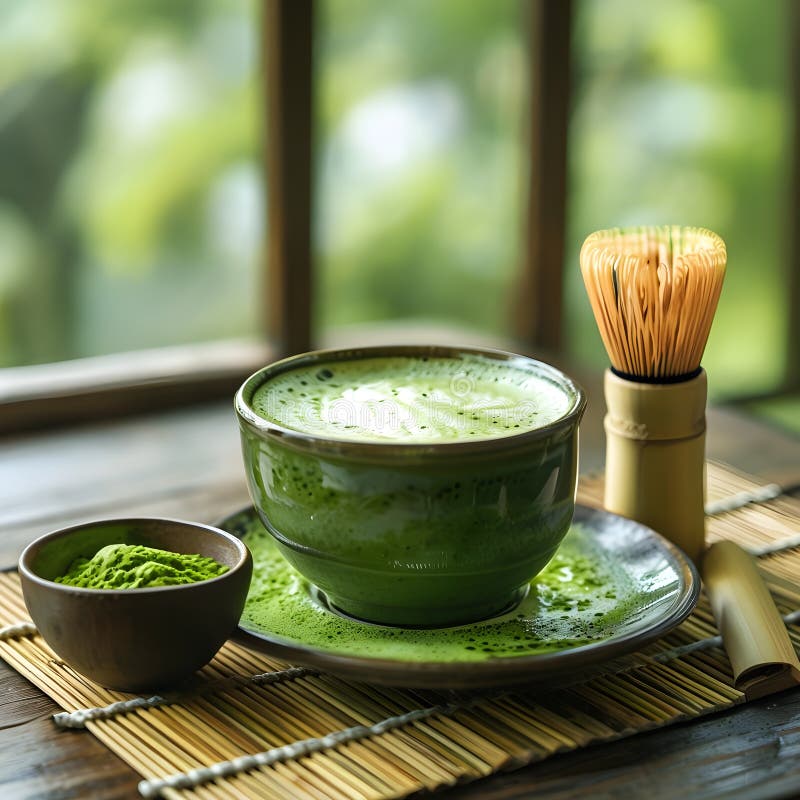 Mindful Sipping: a Matcha Latte Experience on Bamboo Stock Photo ...