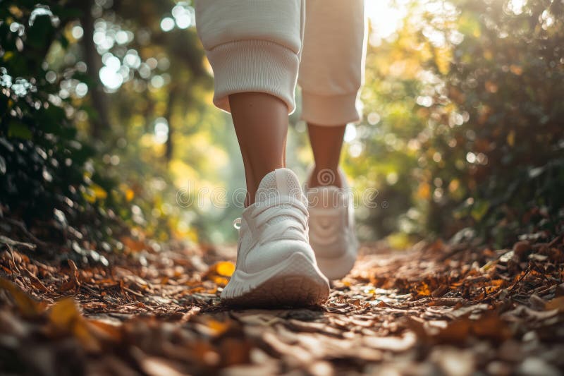 Mindful Walking through a Sunlit Forest Path Surrounded by Nature Stock ...