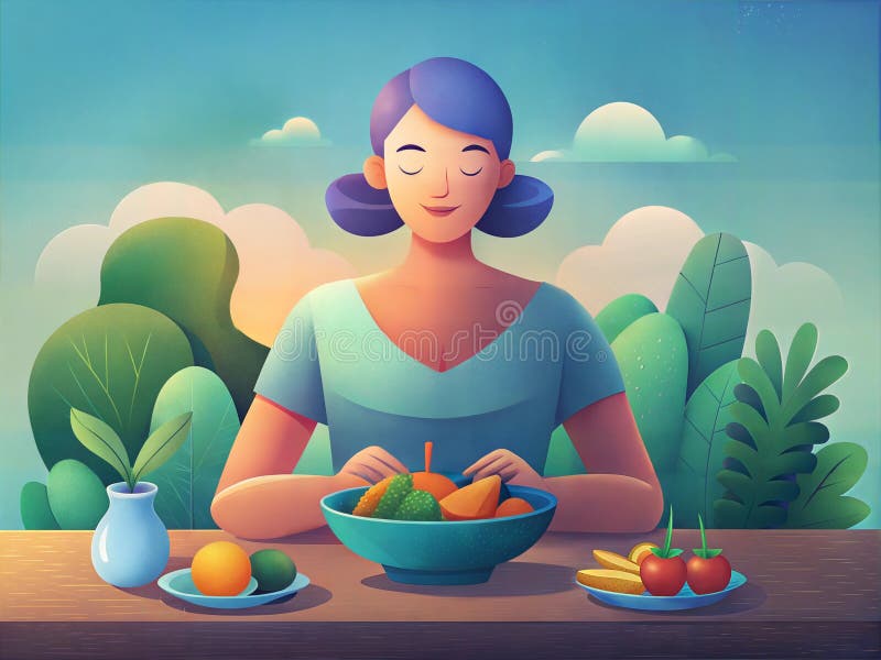 Mindfulness eating stock illustration. Illustration of girl - 344812251