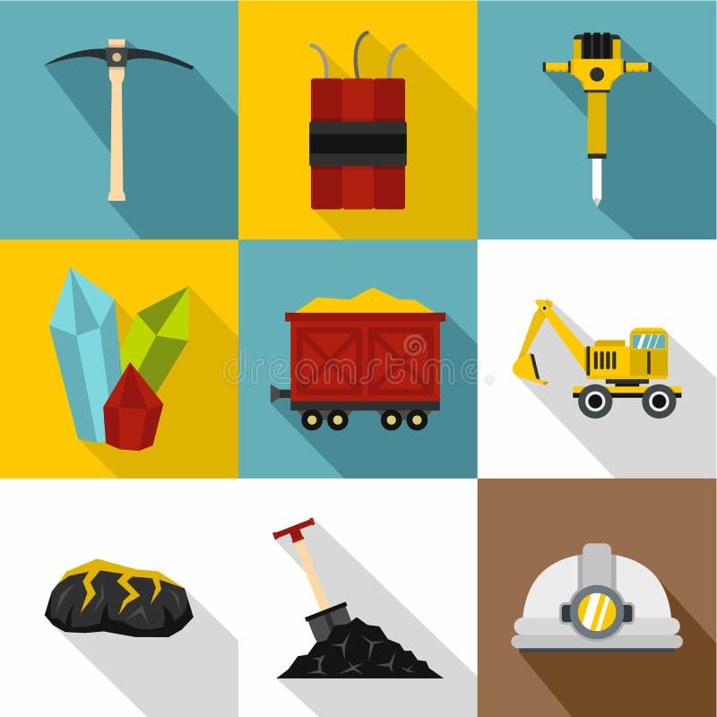 Mine icons set, flat style stock vector. Illustration of excavation ...