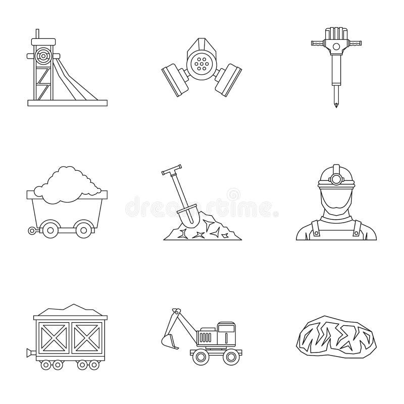Mine Icons Set, Outline Style Stock Vector - Illustration of coal ...