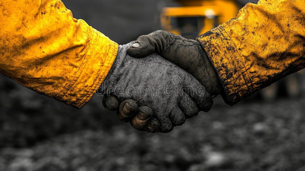 At a Mine Site, Two Construction Workers are Seen Shaking Hands in ...