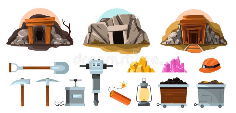 Mine Tools. Cartoon Miner Worker Tools, Mining Cart with Drill Hammer ...