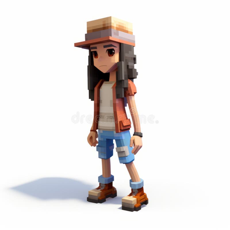 8k 3d Pixel Character with Hat: Stylistic Manga Inspired Artwork Stock ...