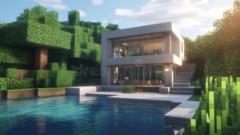 Minecraft Modern Lake House Render, Luxury Waterfront Residence Stock ...