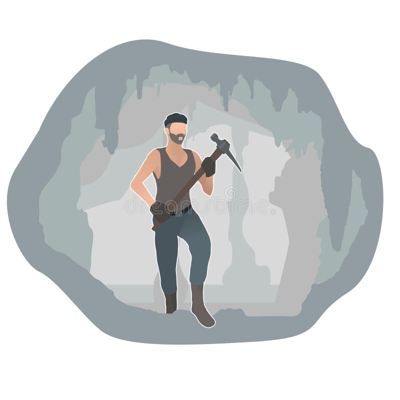 Miner In A Cave With A Pickaxe In His Hands Vector In The Style Of Paper Cut Curved Background