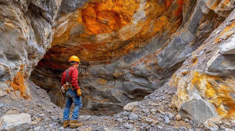 Miner Exploring Colorful Mineral Deposits in Underground Cave, Mining ...