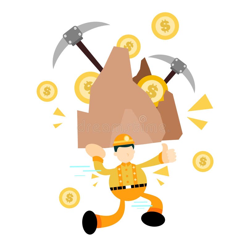 Miner Worker Man and Gold Coin Money Dollar Mining Cartoon Doodle Flat ...