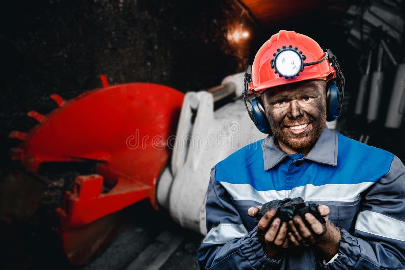 Miner Man Worker Holds Coal Palm. Concept Mining Stock Image - Image of ...