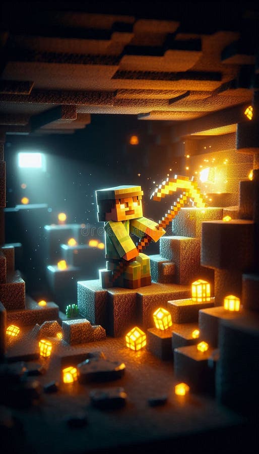 A Miner Using a Pickaxe in a Glowing Cave from Minecraft. Perfect for ...