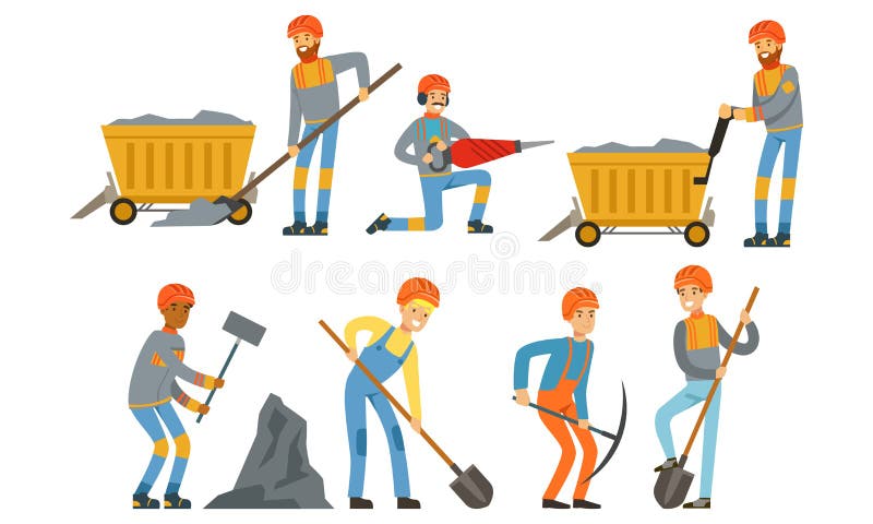 Miner Workers Standing in Different Poses Vector Set Stock Vector ...