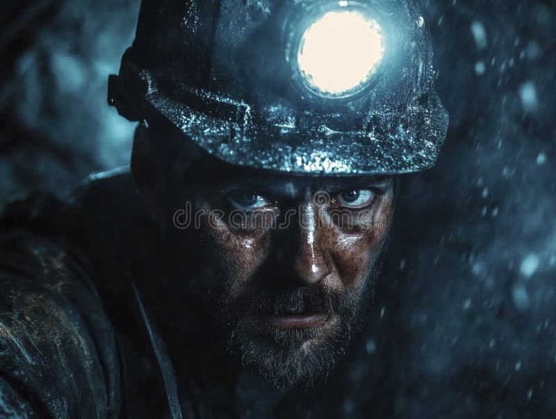 Miner Working Underground, Intense Concentration on His Face, Helmet ...